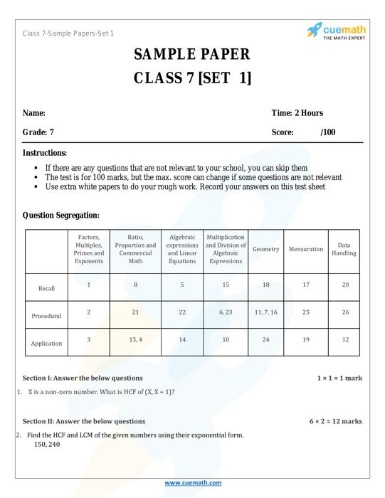 Cbse Sample Paper Class 7 Mathematics Fa1 With Solution pdf Examples 