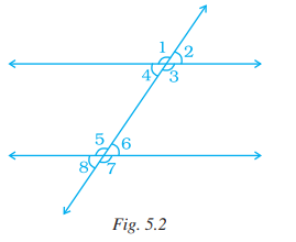 In Fig. 5.2, a pair of corresponding angles is: a. ∠1, ∠2, b. ∠3, ∠6, c ...